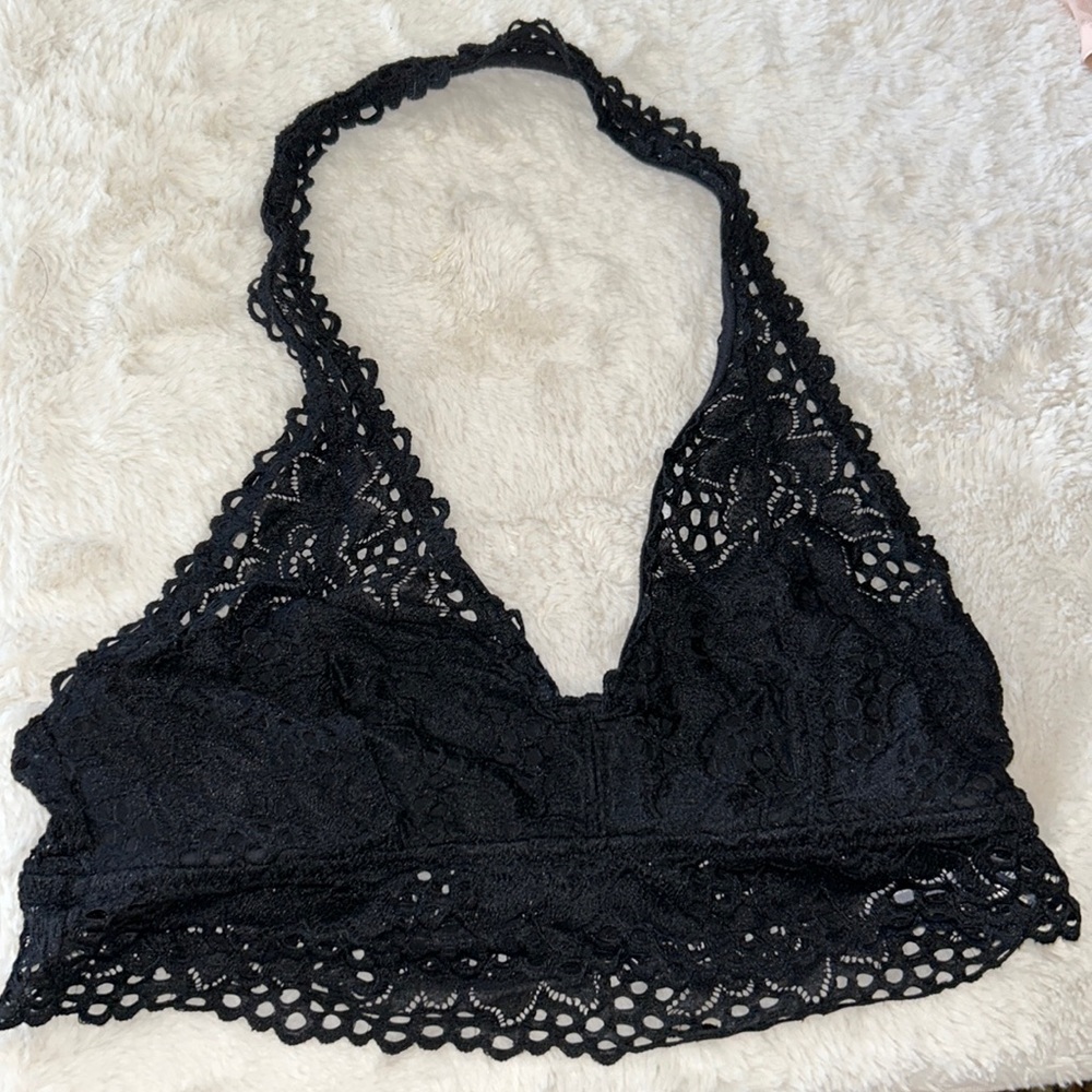 Large Aerie Black Lace Eyelet Bralette Halter Bra - Gem